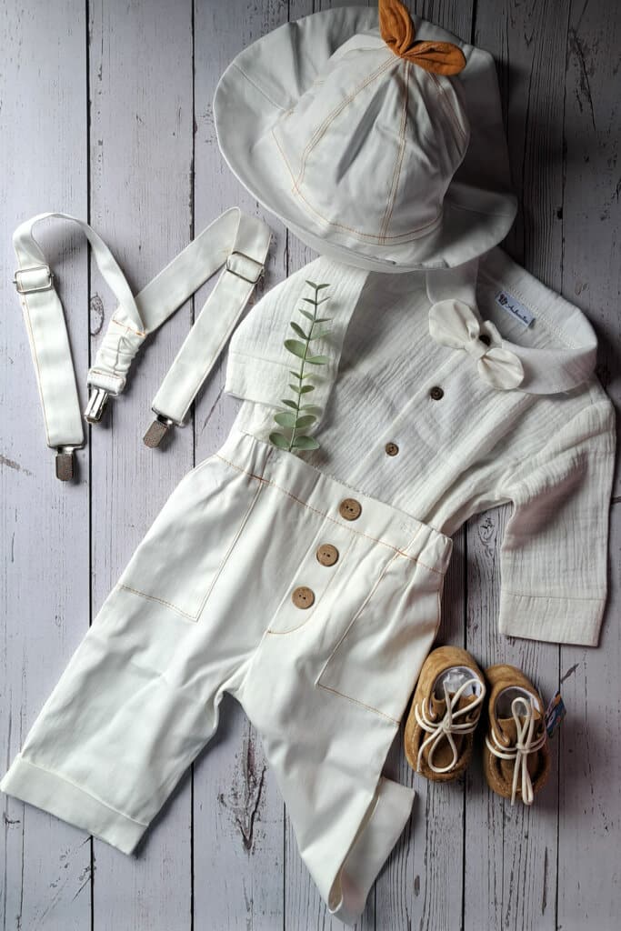 Costum bretele ivoire botez | Costum din bumbac| Andreeatex Original